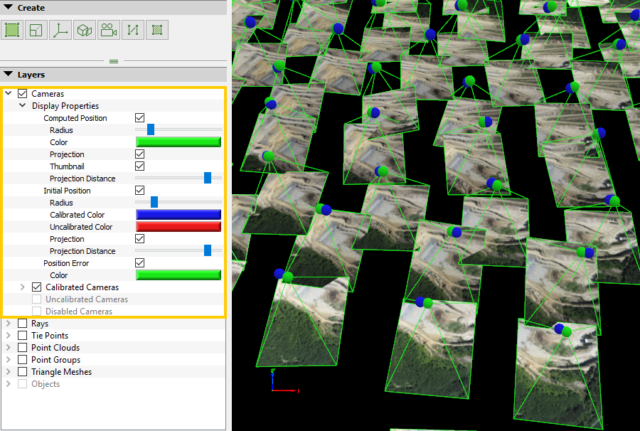 Menu View > rayCloud > Left sidebar > Layers > Cameras - PIX4Dmapper